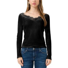 Langarmshirt QS, Damen, Gr. L (40), schwarz, Feinripp, Obermaterial: 100% Baumwolle, unifarben, tailliert h&uuml;ftbedeckend, V-Ausschnitt, Shirts Langarmshirt, mit Spitzen-V-Ausschnitt