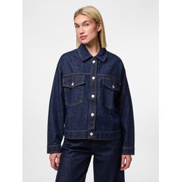 Jeansjacke Pieces "PCELMA DENIM JACKET NOOS BC", Damen, Gr. XS, blau (dunkelblau denim detail:rinse wash), Denim/Jeans, Obermaterial: 99% Baumwolle, 1% Elasthan, unifarben, regular fit normal, Jacken Jeansjacke