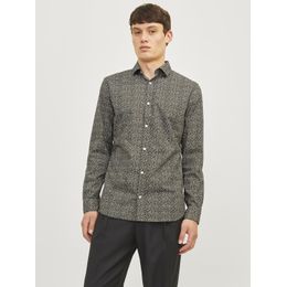 Jack & Jones Langarmhemd JACK & JONES "JPRBLABLACKPOOL STRETCH LS SHIRT SN", Herren, Gr. M, N-Gr, grau (peat fit:slim fit), Web, Obermaterial: 96% Baumwolle, 4% Elasthan, gemustert, slim fit, Hemden Langarmhemd