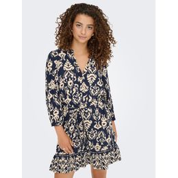 Tunikakleid Only "ONLANTONIA LIFE 3/4 SHORT DRESS WVN", Damen, Gr. S, N-Gr, blau (cloud dancer aop:antonia blau print), Web, Obermaterial: 100% Viskose, bedruckt, regular fit kniefrei, V-Ausschnitt, Kleider Tunikakleid, Sommerkleid