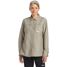 Langarmbluse Jack Wolfskin "BARRIER L/S SHIRT W", Damen, Gr. XS, grau (stone), Obermaterial: 46% Polyamid, 27% Lyocell, 27% Modal. Futter: 100% Polyester, Blusen Langarmbluse