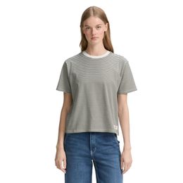 T-Shirt Tom Tailor Denim, Damen, Gr. L (40), small olive wei&szlig; stripe, Single Jersey, Obermaterial: 100% Baumwolle, gestreift, regular fit normal, Rundhals, gerader Abschluss, Shirts T-Shirt, mit Streifen Muster