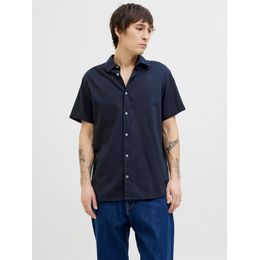 Jack & Jones Kurzarmhemd JACK & JONES "JJPIERRE SLUB SHIRT SS", Herren, Gr. XS, N-Gr, blau (sky captain), Web, Obermaterial: 100% Baumwolle, unifarben, Basic, Hemden Kurzarmhemd