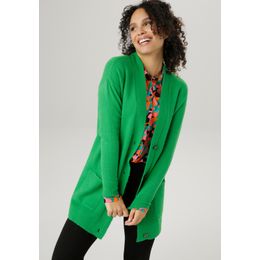 Longstrickjacke Aniston SELECTED, Damen, Gr. 36, gr&uuml;n, Strick, Obermaterial: 74% Polyacryl, 23% Nylon, 3% Elasthan, unifarben, Basic, l&auml;ssig geschnitten ca. Mitte Oberschenkel, tiefer V-Ausschnitt, Rippstrickb&uuml;ndchen, Strickjacken Longstrickjacke, mit aufgesetzen Taschen, Topseller