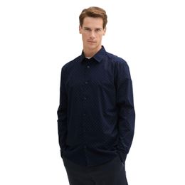 Langarmhemd Tom Tailor, Herren, Gr. M, N-Gr, blau (navy dot design), Web, Obermaterial: 98% Baumwolle, 2% Elasthan, kariert, unifarben, gerade h&uuml;ftbedeckend, Rundhals, 2-Knopf-Manschette, Hemden Langarmhemd, mit Knopfleiste und Stretchanteil