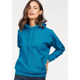 Kapuzensweatshirt Fruit of the Loom "Classic hooded Sweat Lady-Fit", Damen, Gr. S (36), blau (t&uuml;rkis), Sweatware, Obermaterial: 80% Baumwolle, 20% Polyester, unifarben, figurumspielend h&uuml;ftlang, Rundhals, B&uuml;ndchen, Sweatshirts Kapuzensweatshirt, mit K&auml;ngurutaschen
