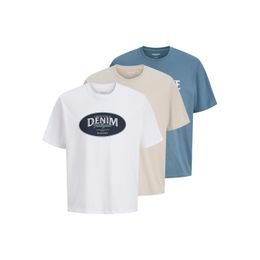 Jack & Jones T-Shirt JACK & JONES "JJEDOVER DENIM TEE SS O-NECK 3PK MP", Herren, Gr. L, blau mirage pack:blau mirage, moonbeam, wei&szlig;, Jersey, Obermaterial: 100% Baumwolle, bedruckt, unifarben, Basic normal, Rundhals, Shirts T-Shirt
