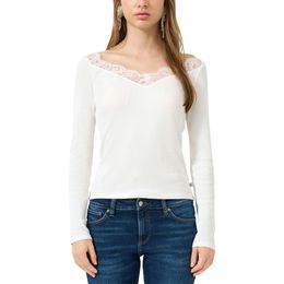 Langarmshirt QS, Damen, Gr. L (40), wei&szlig;, Feinripp, Obermaterial: 100% Baumwolle, unifarben, tailliert h&uuml;ftbedeckend, V-Ausschnitt, Shirts Langarmshirt, mit Spitzen-V-Ausschnitt