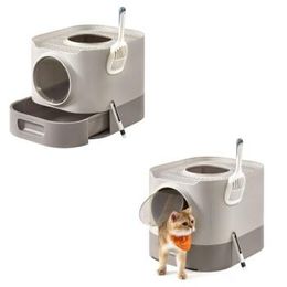 FEANDREA 2er Katzentoilette mit Deckel ausziehbares Tablett beige