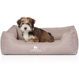Knuffelwuff Orthop&auml;disches Hundebett Luisa aus Velours mit feinem Handwebcharakter Sunshine Edition beige M-L