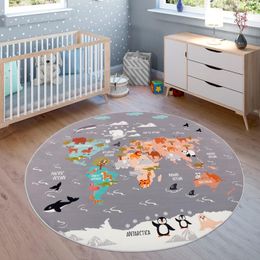 Paco Home Kinderteppich &raquo;Bino 581&laquo; rund 4 mm H&ouml;he Spielteppich, Motiv Weltkarte & Tiere, Kinderzimmer grau Polyester