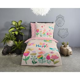 Good Morning Kinderbettw&auml;sche &raquo;Happily&laquo; 2 Stk. Baumwolle, Renforc&eacute;, Wendeoptik, Kind, M&auml;dchen, blumen, vogel Renforc&eacute;, Obermaterial: 100% Baumwolle
