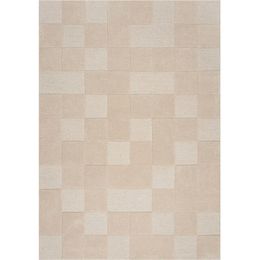 FLAIR RUGS Wollteppich &raquo;Checkboard, mit modernem Schachbrettmuster&laquo; rechteckig 10 mm H&ouml;he Wollteppich mit Schachbrettmuster und Hoch-Tief-Effekt beige