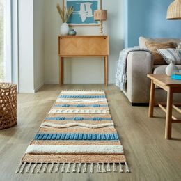FLAIR RUGS L&auml;ufer &raquo;Medina, mit abstraktem Streifenmuster&laquo; rechteckig 12 mm H&ouml;he Boho-Look, aus Naturfasern wie Wolle & Jute, Teppichl&auml;ufer blau 