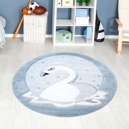 Carpet City Kinderteppich &raquo;Bueno Kids 1315&laquo; rund 13 mm H&ouml;he Spielteppich, Schwan, 3D-Effekt, Weicher Flor, Pflegeleicht blau Kunstfaser