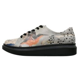 Plateausneaker DOGO "Myra Low-Top Sneaker Birds Chirping Damen Sneaker, Myra Low-Top", Damen, Gr. 38, Normalschaft, grau (grau, orange), Lederimitat, Schuhe Plateausneaker, Handgefertigt