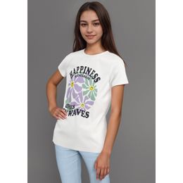 T-Shirt Kangaroos "HAPPINESS COMES", M&auml;dchen, Gr. 128/134, wei&szlig;, Single Jersey, Obermaterial: 100% Baumwolle, bedruckt, Basic, Rundhals, Shirts T-Shirt, gro&szlig;er Frontprint