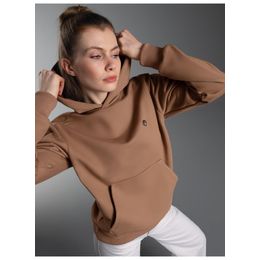 Sweatshirt TRIGEMA "TRIGEMA Hoodie mit Affe Charly-Stickmotiv", Damen, Gr. L, haselnuss, 70% Baumwolle, 30% Polyester, Basic, Sweatshirts Sweatshirt