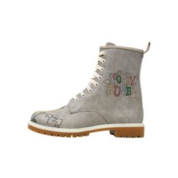 Schn&uuml;rboots DOGO "Wb Longe Boots Schn&uuml;rstiefel Looney Tunes Ski Club Damen", Damen, Gr. 38, Normalschaft, grau, gelb, Lederimitat, Schuhe Schn&uuml;rboots, Handgefertigt