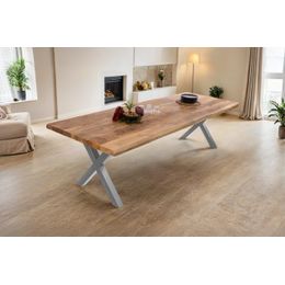 Esstisch Baumkante 260 x 100 cm Mangoholz Rough X-Gestell silber CALI