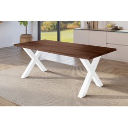 Esstisch 220x100 cm Baumkante Holz Nussbaum-Optik X-Gestell Metall wei&szlig; JULIUS