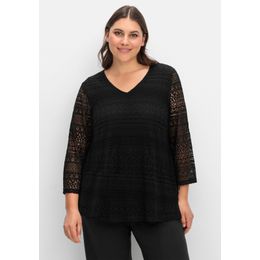 sheego Gro&szlig;e Gr&ouml;&szlig;en 3/4-Arm-Shirt aus elastischer Spitze, gef&uuml;ttert, schwarz, Gr&ouml;&szlig;e 52/54 - Damen