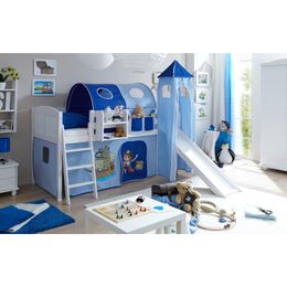 Ticaa Hochbett mit Rutsche Rutschbett mit Turm "Ekki" Country Kiefer Wei&szlig; Motiv