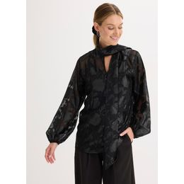 bonprix Schlupfbluse mit Stickerei, schwarz, Gr.36, Modern und feminin: Bluse floraler Stickerei mit Glanz und Binde-Detail am Kragen