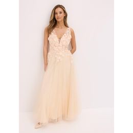 bonprix Maxikleid aus zartem T&uuml;ll mit Blumen-Applikation, beige