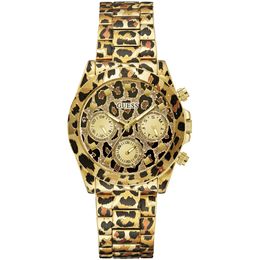 Multifunktionsuhr Guess "LEOPARDESS", gold (gelbgoldfarben, schwarz), Armbanduhren, Damen, Quarzuhr, Armbanduhr, Damenuhr, Datum, 12/24-Std.-Anzeige