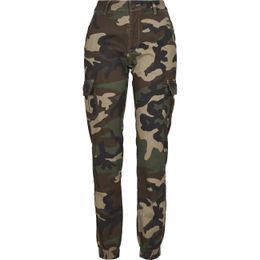 Cargohose Urban Classics "Urban Classics Damen Ladies High Waist Camo Cargo Pants", Damen, Gr. 26, Normalgr&ouml;&szlig;en, woodcamo, 98% Baumwolle, 2% Elasthan, normal, Hosen Cargohose