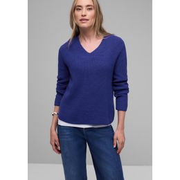V-Ausschnitt-Pullover Street One, Damen, Gr. 34, amparo blau, Web, 60% Baumwolle, 40% Polyacryl, unifarben, comfort fit normal, V-Ausschnitt, normaler Saum, Pullover, im soften Baumwoll-Mix