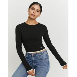 Langarmshirt Tally Weijl "STSCOCUFFA", Damen, Gr. L, schwarz, Jersey, Obermaterial: 50% Baumwolle, 45% Modal, 5% Elasthan, figurbetont normal, Rundhals, Shirts Langarmshirt, Baumwollmischung, Basic Shirt, bauchfrei