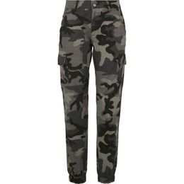 Cargohose Urban Classics "Urban Classics Damen Ladies High Waist Camo Cargo Pants", Damen, Gr. 28, Normalgr&ouml;&szlig;en, schwarzcamouflage, 98% Baumwolle, 2% Elasthan, normal, Hosen Cargohose