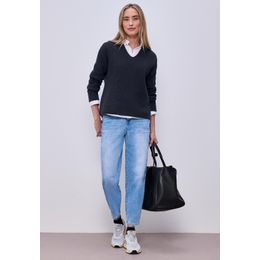 V-Ausschnitt-Pullover Street One, Damen, Gr. 36, grau (shadowed navy), Web, 60% Baumwolle, 40% Polyacryl, unifarben, comfort fit normal, V-Ausschnitt, normaler Saum, Pullover, im soften Baumwoll-Mix