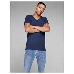 Jack & Jones T-Shirt JACK & JONES "SLIM- FIT BASIC TEE V-NECK", Herren, Gr. XS, blau (navy blazer), Jersey, Obermaterial: 92% Baumwolle, 8% Elasthan, unifarben, schmal h&uuml;ftbedeckend, V-Ausschnitt, Shirts T-Shirt, mit V-Ausschnitt