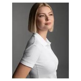 Poloshirt TRIGEMA "TRIGEMA Poloshirt mit Kristallsteinen", Damen, Gr. L, wei&szlig;, Piqu&eacute;, 94% Baumwolle, 6% Elastan, Basic, lang, ohne Ausschnitt, Shirts