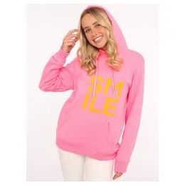Hoodie Zwillingsherz "Alissa", Damen, Gr. SM (S/M), pink (neonpink), Sweatware, Obermaterial: 50% Baumwolle, 50% Polyester, unifarben mit Farbeinsatz, normal h&uuml;ftlang, hoch geschlossener Ausschnitt, B&uuml;ndchen, Sweatshirts Hoodie, Langarm, Kapuze, Neon-Details, Kordelzug, Frontprint, K&auml;ngurutasche, Topseller