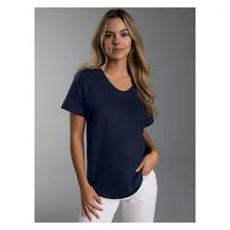 T-Shirt TRIGEMA "TRIGEMA Oversized T-Shirt mit V-Ausschnitt", Damen, Gr. L, blau (navy), Single Jersey, 100% Baumwolle, lang, V-Ausschnitt, Shirts T-Shirt