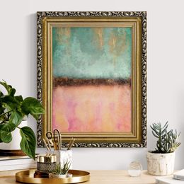 Bilderwelten Bild mit Barockrahmen Antik originell Abstrakt Barock orange - Pastell Sommer mit Gold - edle Optik Wohnzimmer Schlafzimmer