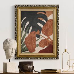 Bilderwelten Bild mit Barockrahmen Antik Vintage Barock beige - Tropische Boho Bl&auml;tter - Pflanzen Wohnzimmer Schlafzimmer