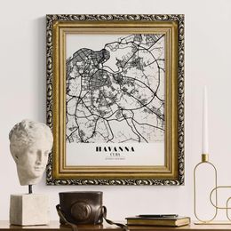Bilderwelten Bild mit Barockrahmen Antik Weltkarte modern Barock schwarz weiss - Stadtplan Havanna - Klassik - Karten Jugendzimmer