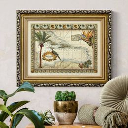 Bilderwelten Bild mit Barockrahmen Antik Natur Vintage Barock gr&uuml;n - Vintage Tropische Landkarte West Indien - Indien Wohnzimmer Schlafzimmer