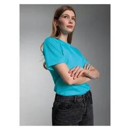 T-Shirt TRIGEMA "TRIGEMA T-Shirt aus 100% Baumwolle", Damen, Gr. XS, blau (azur), Single Jersey, 100% Baumwolle, Basic, lang, Rundhals, Shirts T-Shirt