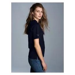 T-Shirt TRIGEMA "TRIGEMA T-Shirt DELUXE Baumwolle mit Kristallsteinen", Damen, Gr. 3XL, blau (navy), Single Jersey, 100% Baumwolle, Basic, lang, Rundhals, Shirts T-Shirt