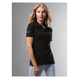 Poloshirt TRIGEMA "TRIGEMA Poloshirt mit Kristallsteinen", Damen, Gr. XXL, schwarz, Piqu&eacute;, 94% Baumwolle, 6% Elastan, Basic, lang, ohne Ausschnitt, Shirts