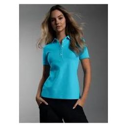 Poloshirt TRIGEMA "TRIGEMA Poloshirt mit Kristallsteinen", Damen, Gr. L, blau (azur), Piqu&eacute;, 94% Baumwolle, 6% Elastan, Basic, lang, ohne Ausschnitt, Shirts