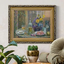 Bilderwelten Bild mit Barockrahmen Antik Kulinarisch modern Barock bunt - Henri Le Sidaner - Gelbe Dahlien - edle Optik Wohnzimmer Schlafzimmer