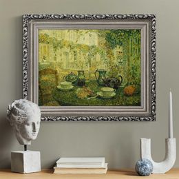 Gerahmtes Leinwandbild Henri Le Sidaner - Kaffeegeschirr auf einem Steintisch
