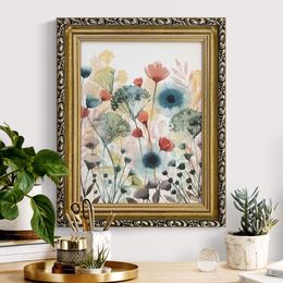 Bilderwelten Bild mit Barockrahmen Antik Blumen Landhaus Aquarell weiss - Wildblumen im Sommer I - edle Optik Wohnzimmer Schlafzimmer